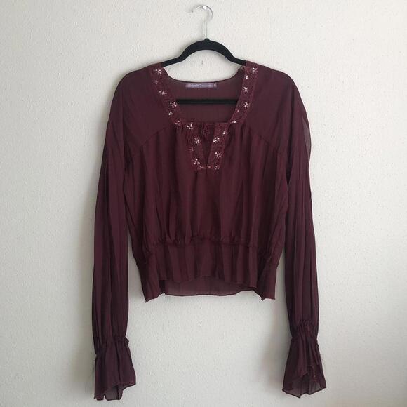 Tops | Haley Bob Medium Burgundy Embroidered Ruffle Long Sleeve Blouse ...
